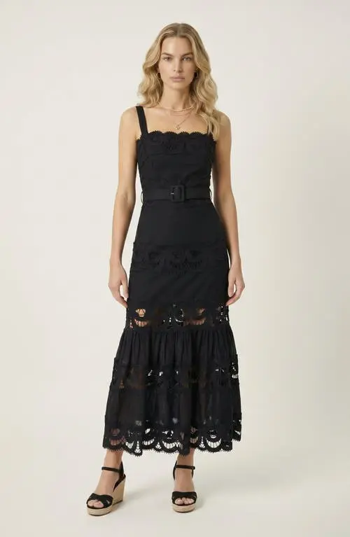 MODENAIRE Belted Lace Inset Midi Dress With Square Neck And Tie Skirt - Black
