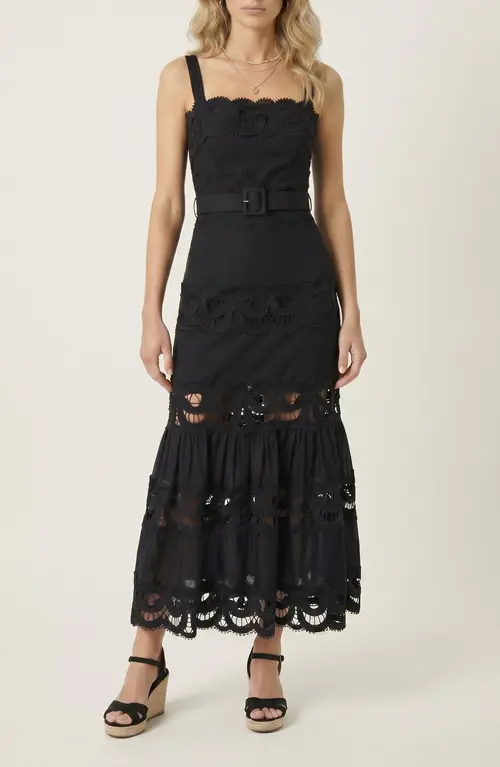 MODENAIRE Belted Lace Inset Midi Dress With Square Neck And Tie Skirt - Black