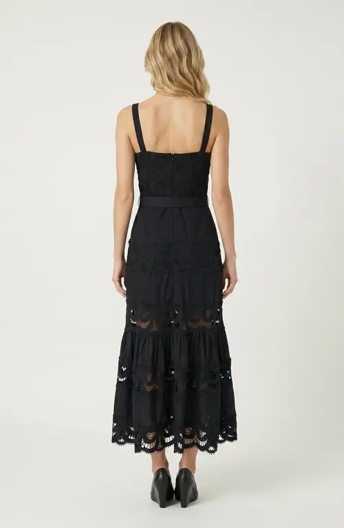 MODENAIRE Belted Lace Inset Midi Dress With Square Neck And Tiered Skirt - Black