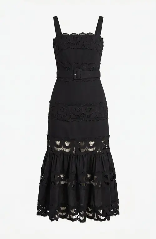 MODENAIRE Belted Lace Inset Midi Dress With Square Neck And Tiered Skirt - Black