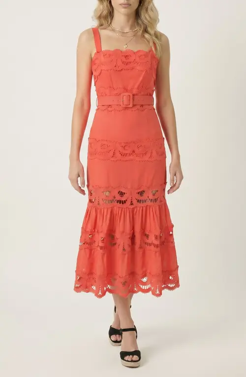 MODENAIRE Belted Lace Inset Midi Dress With Square Neck And Tie Skirt - Red