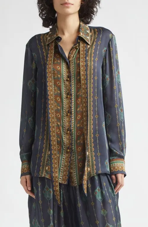 Zimmermann Ascent Print Silk Satin Scarf Button-up Shirt - Navy Prism