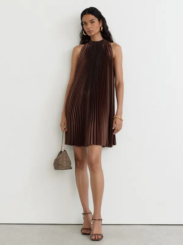 REISS Astrid Satin Pleated High-neck Mini Dress