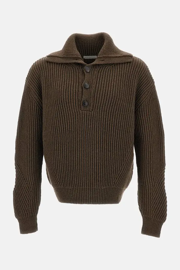 Dries Van Noten Mallawi Maglione In Lana A Coste - Marrone