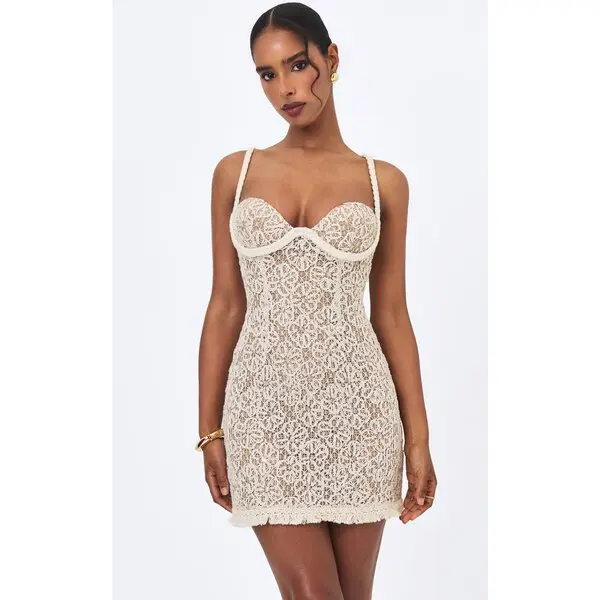 MISS CIRCLE NEW YORK Taliyah Braided-strap Chunky Lace Mini Dress - Cream