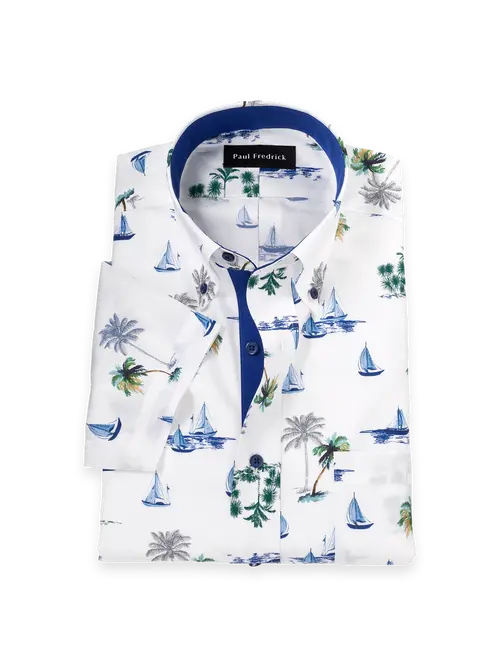 PAUL FREDRICK Cotton Buttondown Collar Poplin Tailored Contrast Trim Hemmed Sleeve Short Sleeve Shirt - White Multi