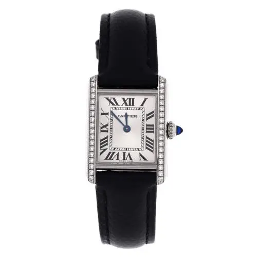 CARTIER Must De Tank Quartz Watch Stainless Steel And Leather With Diamond Bezel 22 - Black