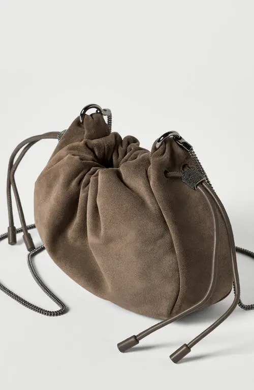 Brunello Cucinelli Mellow Mini Bucket Bag In Suede With Precious Chain