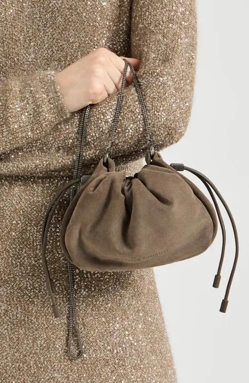 Brunello Cucinelli Mellow Mini Bucket Bag In Suede With Precious Chain