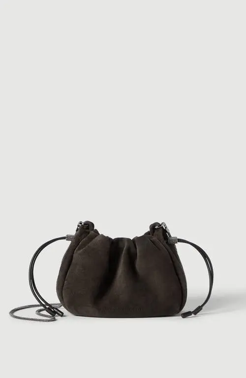 Brunello Cucinelli Mellow Mini Bucket Bag In Suede With Precious Chain - Pepper