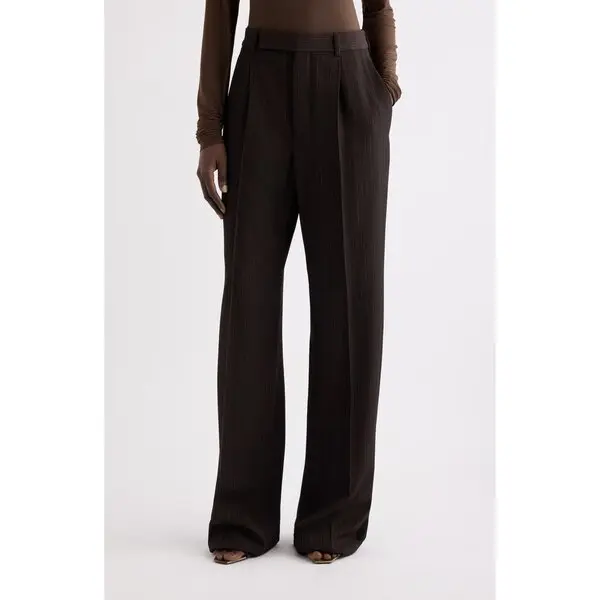 Saint Laurent Pinstripe Wide Leg Pants - Marron/beige