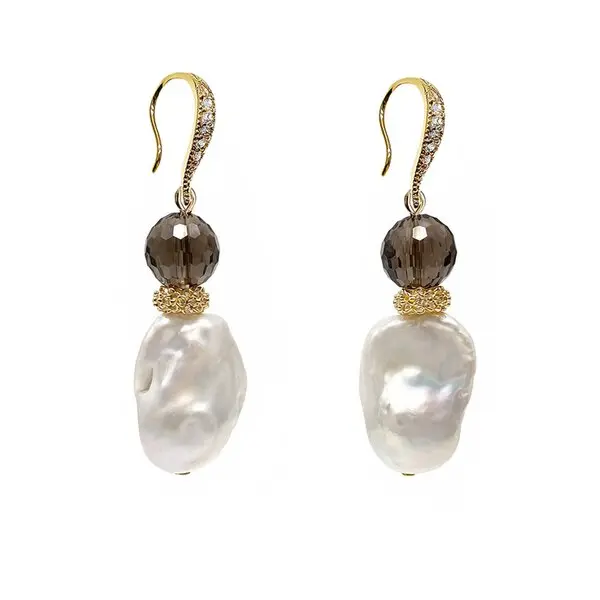 FARRA Classic Style Baroque Pearl With Smoky Quartz Dangle Earrings