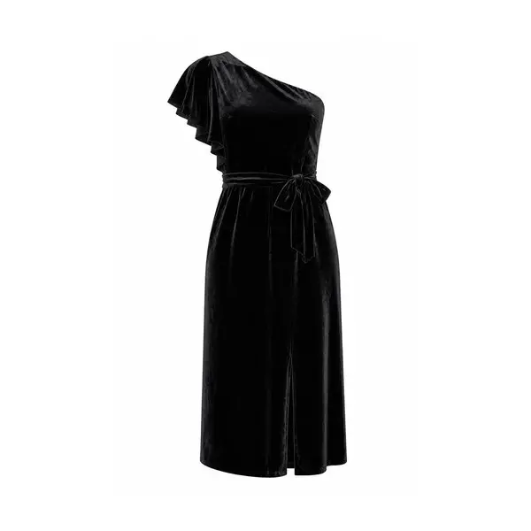 YUMI Velvet One Shoulder Midi Dress