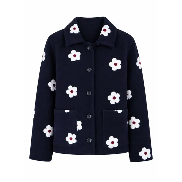 YUMI Navy Embroidered Daisy Fleece Jacket