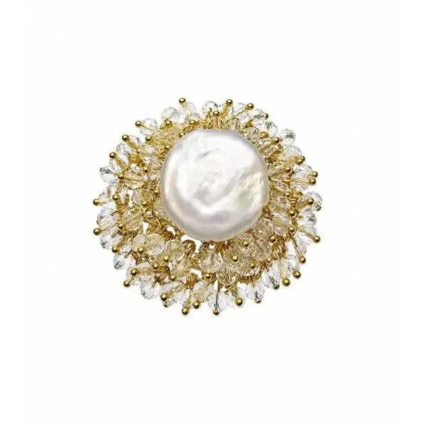 FARRA Romantic Style Floral Freshwater Pearl With Crystal Cocktail Ring - White