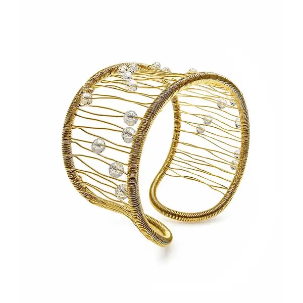 FARRA Hand Crafted Crystal Beads Statement Cuff Bracelet - Gold