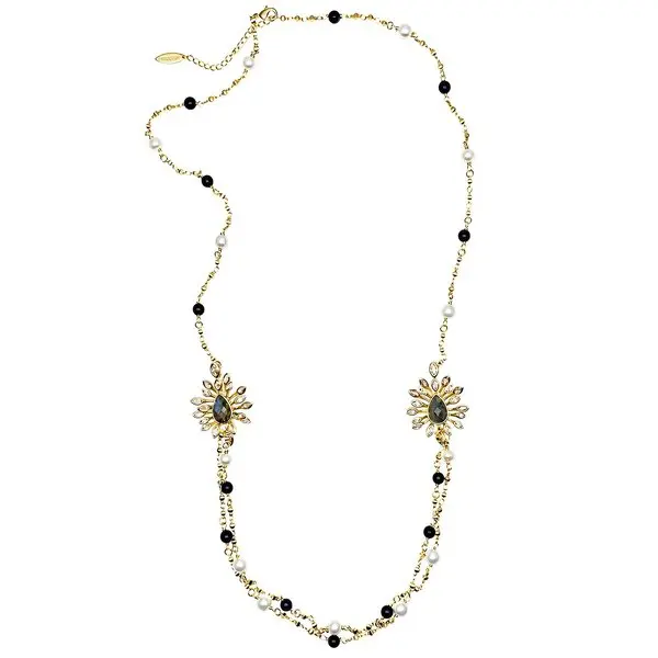 FARRA Obsidian And White Freshwater Pearl With Flower Pendants Necklace - Black