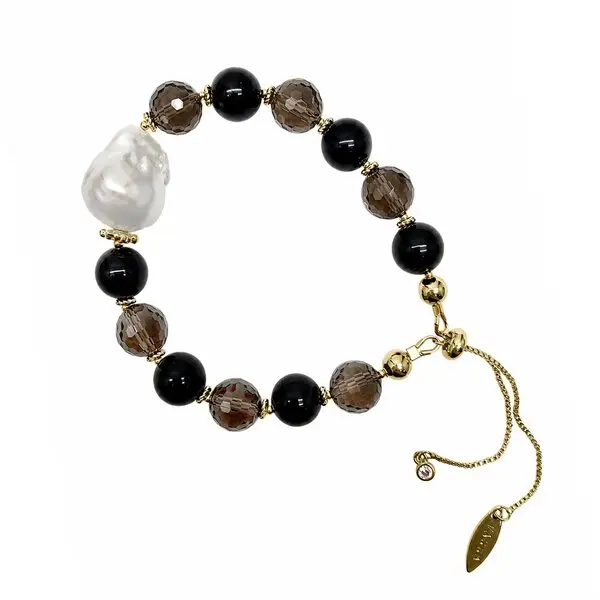 FARRA Obsidian And Smoky Quartz With Baroque Pearl Bracelet