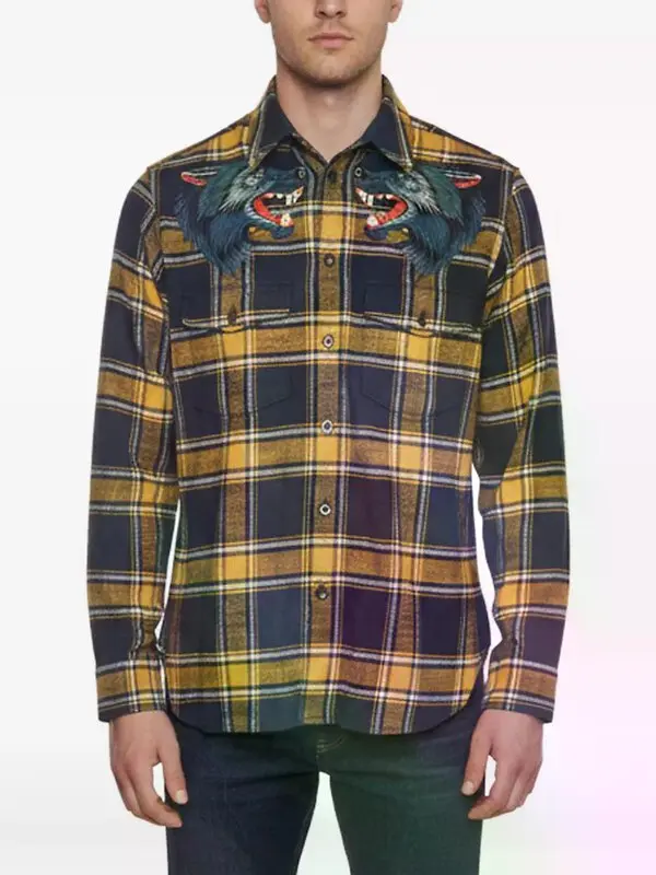 Gucci Wolf-embroidery Plaid Shirt - Blue