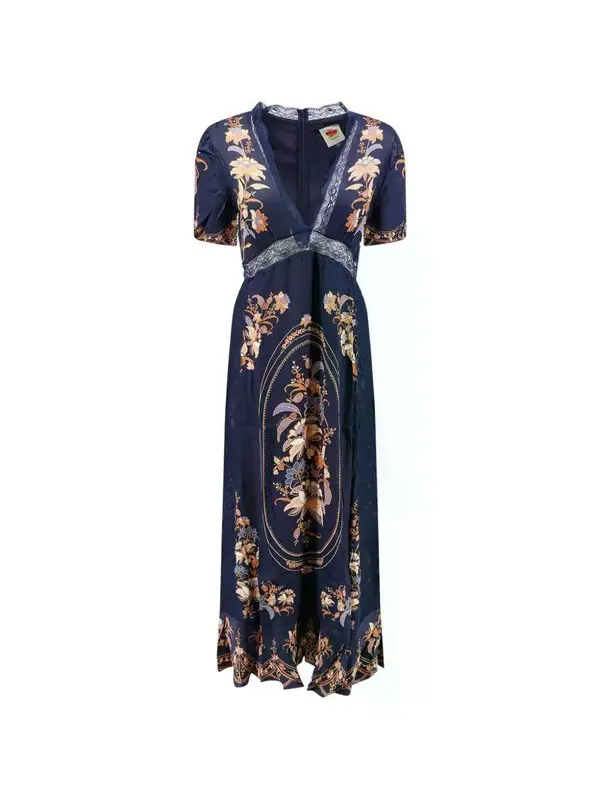 Farm Rio Floral-print Lace-trim Maxi Dress - Blue