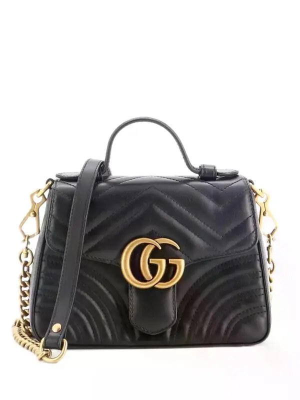 Gucci Gg Marmont Top Handle Flap Bag Matelasse Leather Mini Satchel - Black