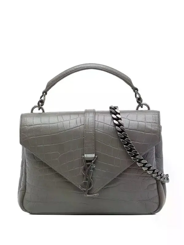 Saint Laurent 2016 Medium Croc Embossed Leather Monogram College Satchel - Grey