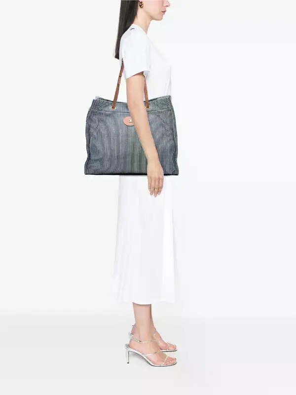 Celine 2019 Striped Textile And Calfskin Squared Cabas Tote Bag