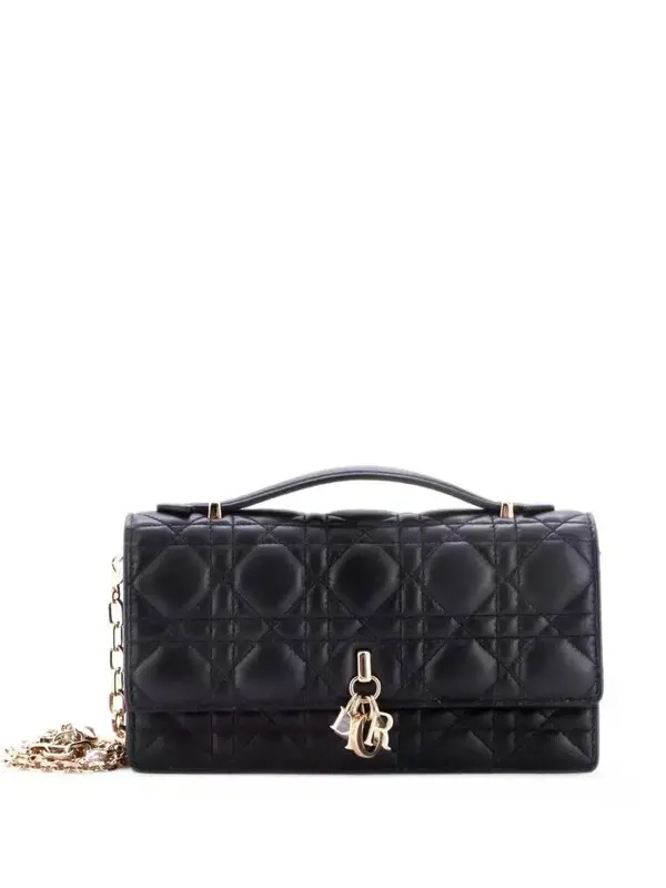 Dior My Top Handle Flap Bag Cannage Quilt Lambskin Mini Crossbody Bag - Black