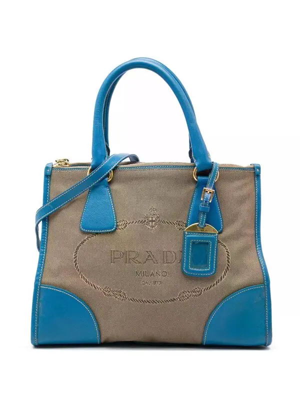 Prada 2010-2026 Saffiano Trimmed Canvas Canapa Logo Double Zip Satchel