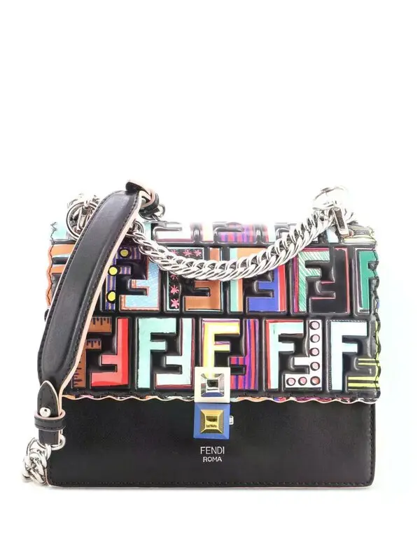 Fendi Kan I Bag Zucca Embossed Patent And Leather Small Crossbody Bag - Black