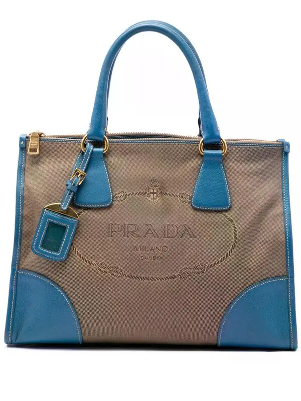 Prada 2013-2026 Saffiano Trimmed Canvas Canapa Logo Double Zip Satchel
