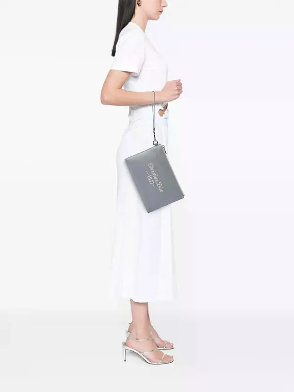Dior 2022 Grained Calfskin 1947 Signature A5 Pouch Clutch Bag - Grey