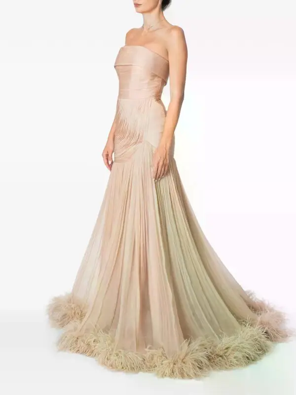 M.MARQUISE Feather-trim Ruched Maxi Dress