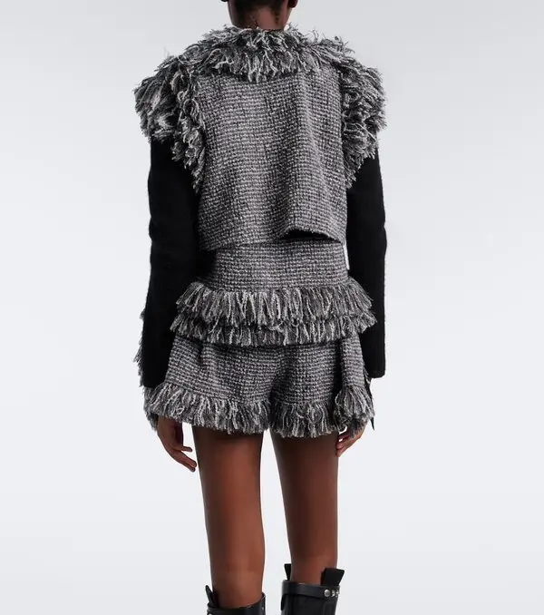Sacai Fringed Wool-blend Tweed Shorts - Grey