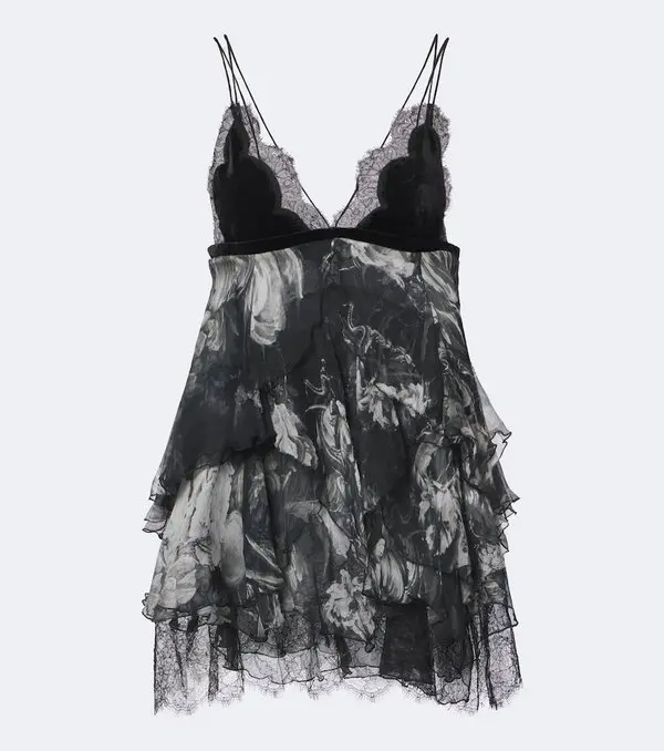 Roberto Cavalli Lace-trimmed Printed Silk Mini Dress