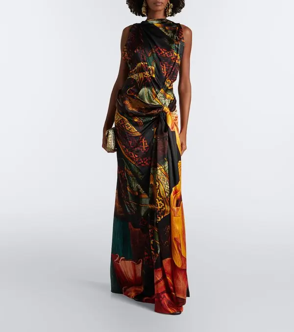 Dries Van Noten Printed Draped Silk Satin Gown