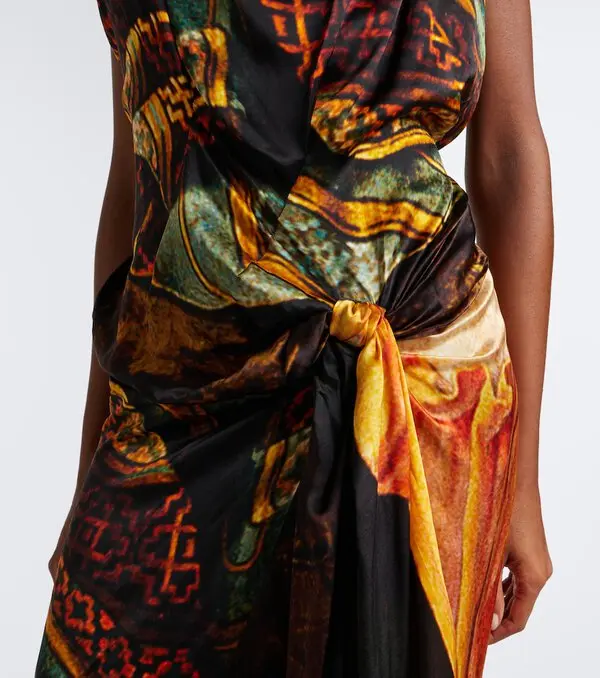 Dries Van Noten Printed Draped Silk Satin Gown