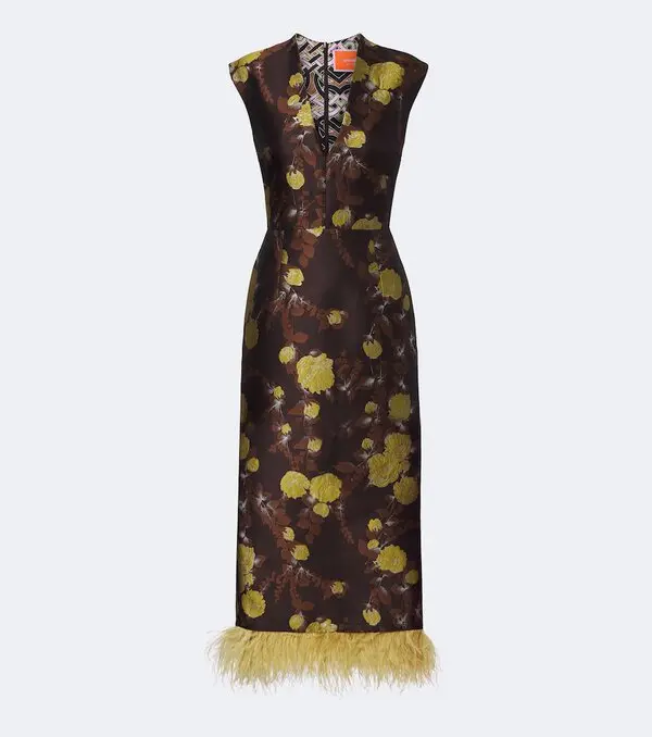 La DoubleJ Devon Feather-trimmed Jacquard Midi Dress