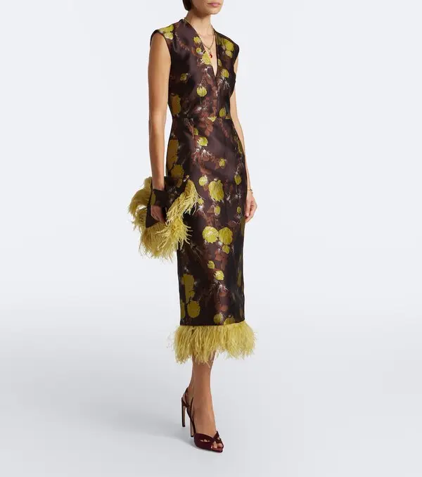 La DoubleJ Devon Feather-trimmed Jacquard Midi Dress