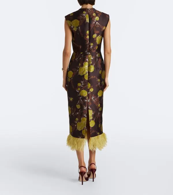 La DoubleJ Devon Feather-trimmed Jacquard Midi Dress