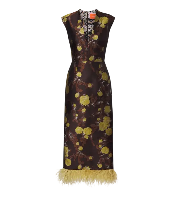 La DoubleJ Devon Feather-trimmed Jacquard Midi Dress - Multicoloured