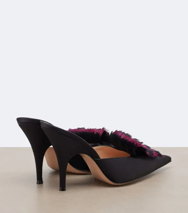 GIANVITO ROSSI Feather-trimmed Satin Mules