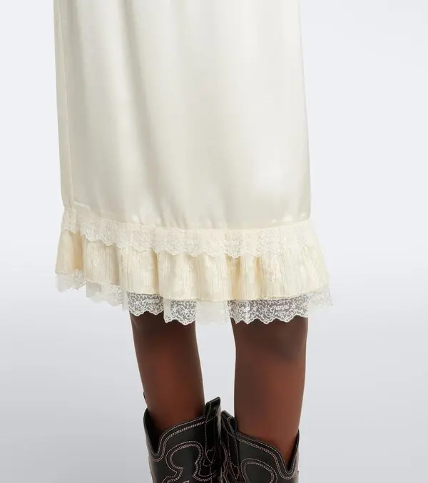 GANNI Lace-trimmed Ruffled Satin Midi Skirt - White