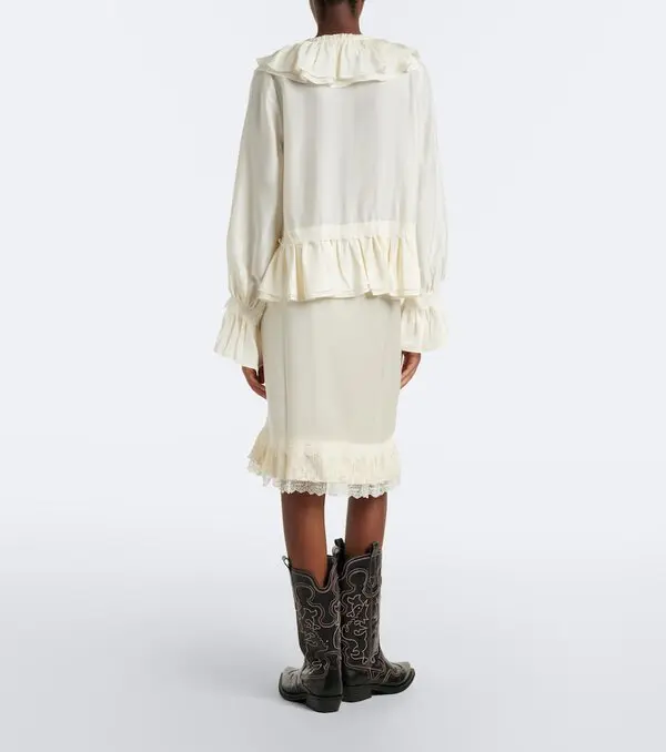 GANNI Lace-trimmed Ruffled Satin Midi Skirt - White