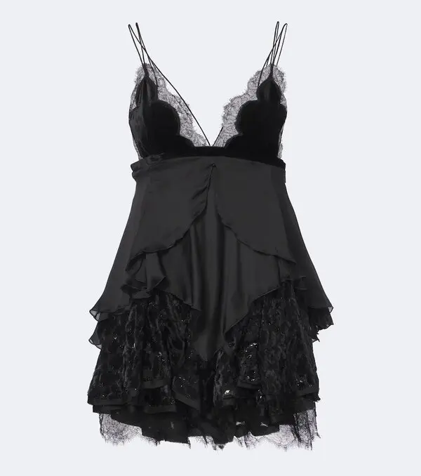 Roberto Cavalli Lace-trimmed Ruffled Silk Minidress