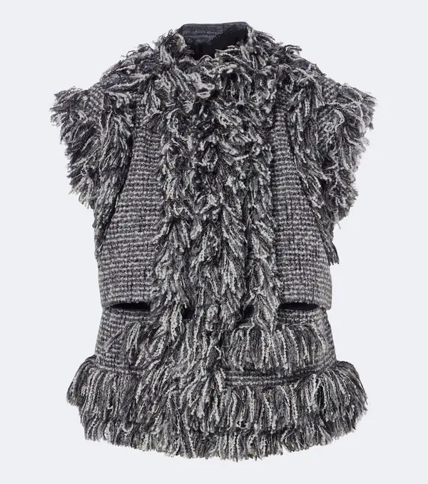 Sacai Fringed Wool-blend Tweed Vest