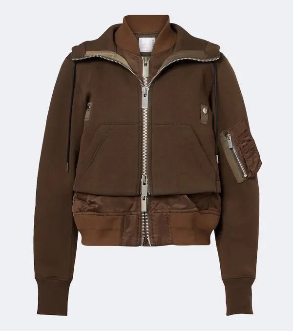 Sacai Layered Cotton-blend Zip-up Hoodie - Brown