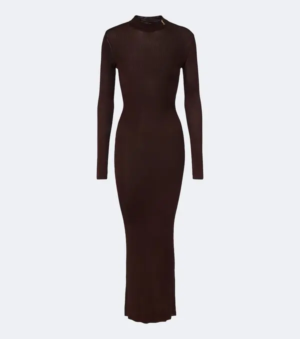 Saint Laurent Cassandre Ribbed-knit Silk Maxi Dress - Brown
