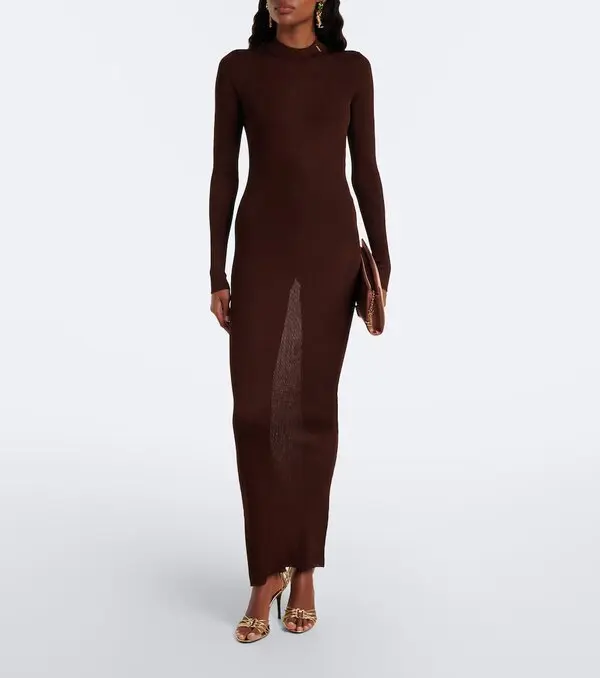 Saint Laurent Cassandre Ribbed-knit Silk Maxi Dress - Brown