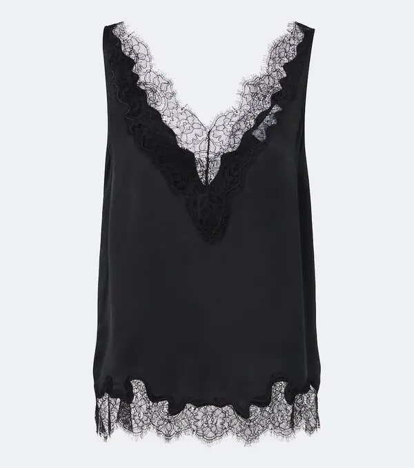 Velvet By Graham & Spencer Lace-trimmed Silk Satin Top - Black
